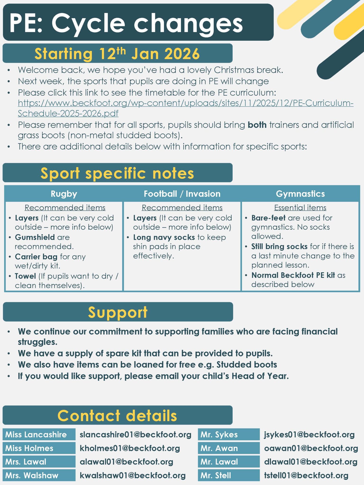 PE Cycle changes – Jan 2026 – Beckfoot School