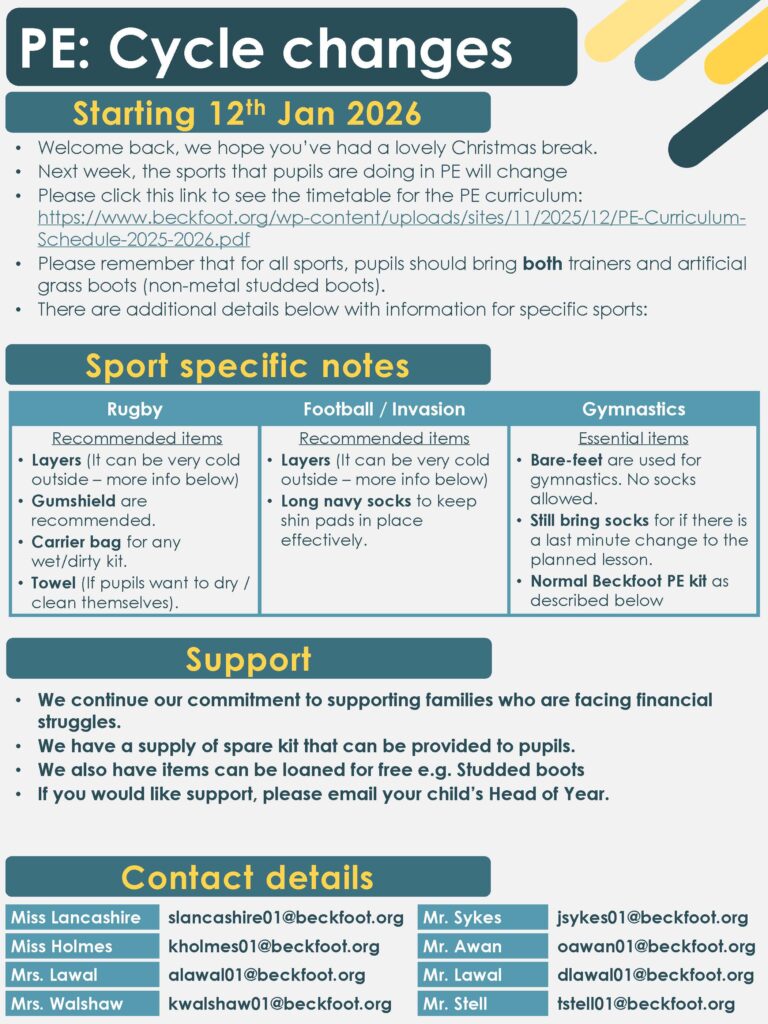 PE Cycle changes – Jan 2026 – Beckfoot School